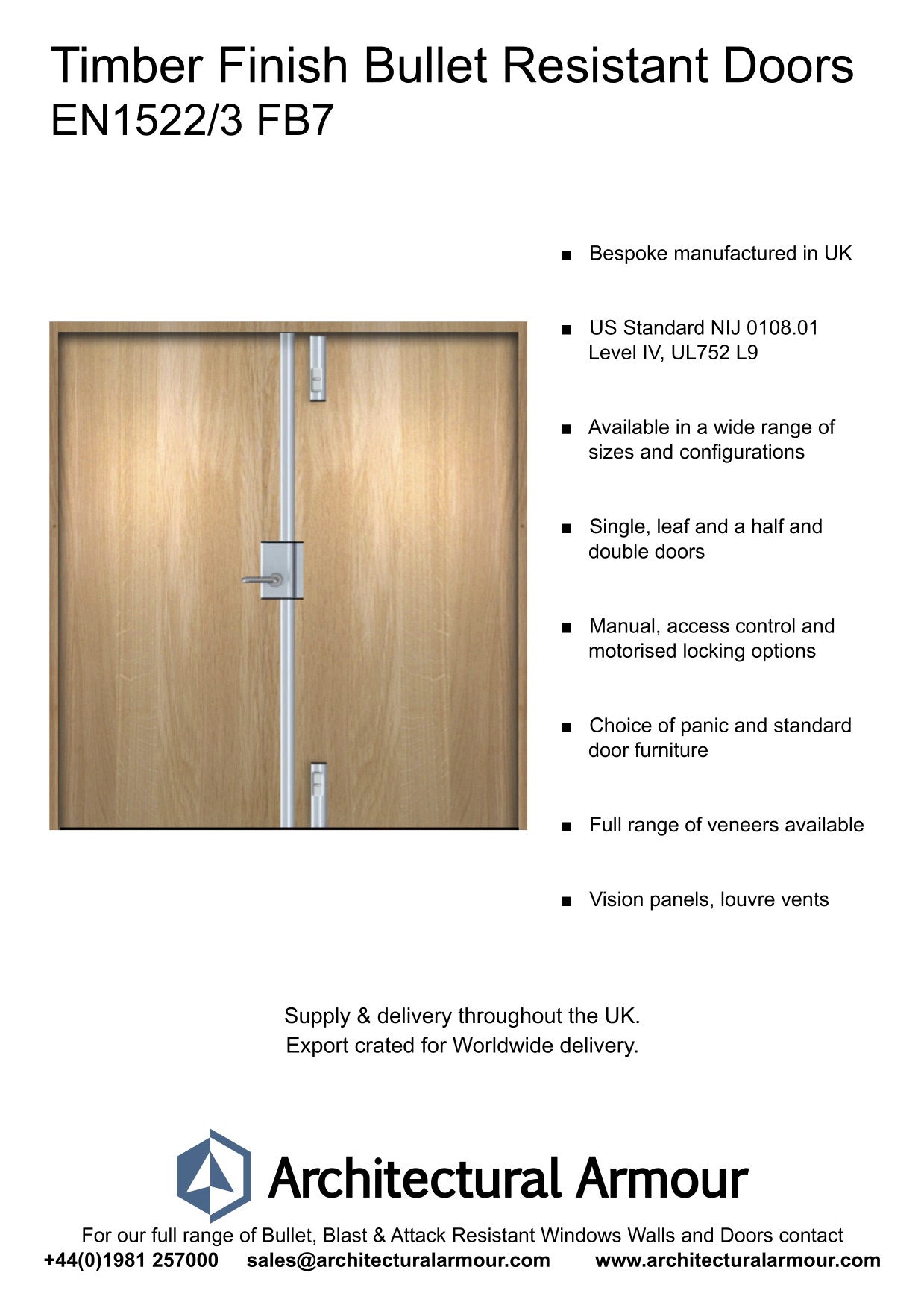 Architectural Armour | BS EN 1522/3 FB7 Bullet Resistant Timber Doors